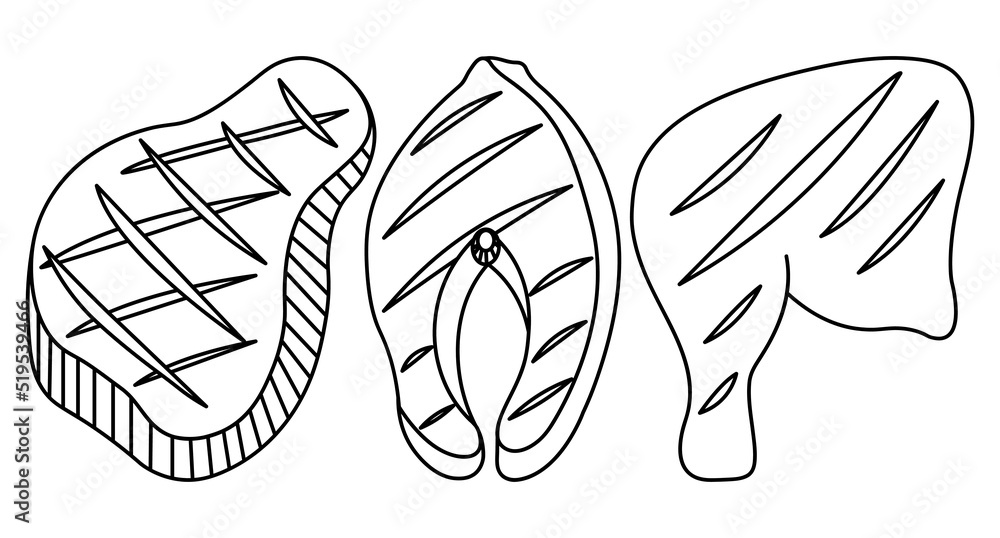 Meat steak, chicken leg, fish steak. Sketch. Set of vector ...