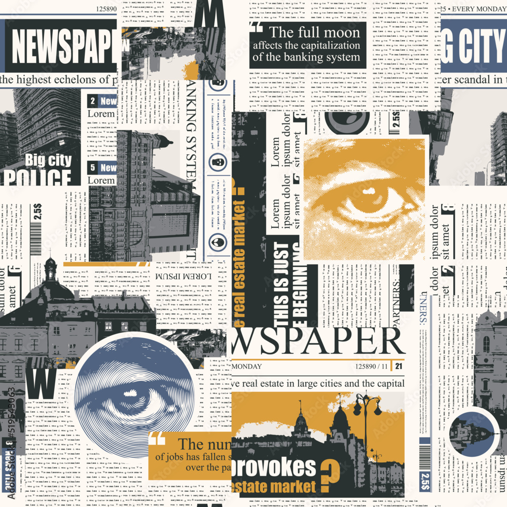 Seamless pattern with a collage of magazine and newspaper clippings ...