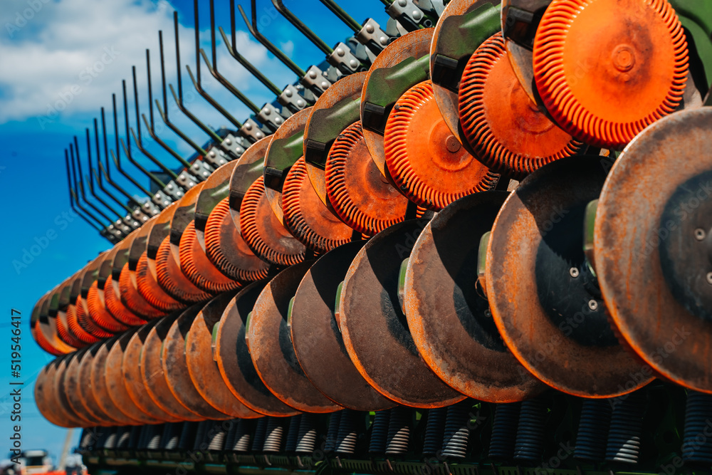 Row seed drill grain. Seed sowing device. Agricultural activity. Close ...