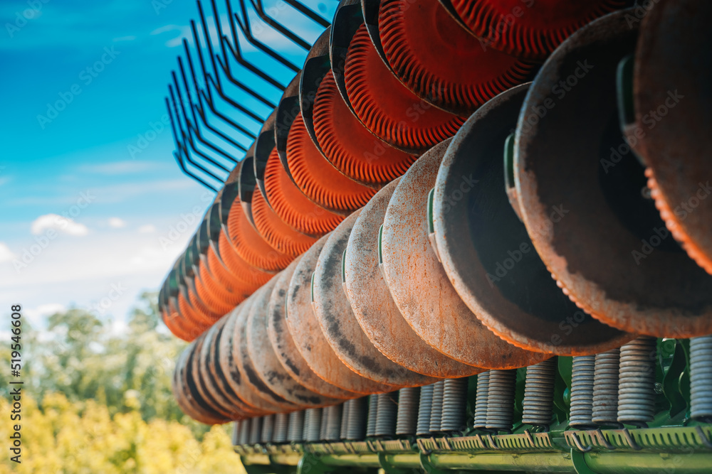 Row seed drill grain. Seed sowing device. Agricultural activity. Close ...