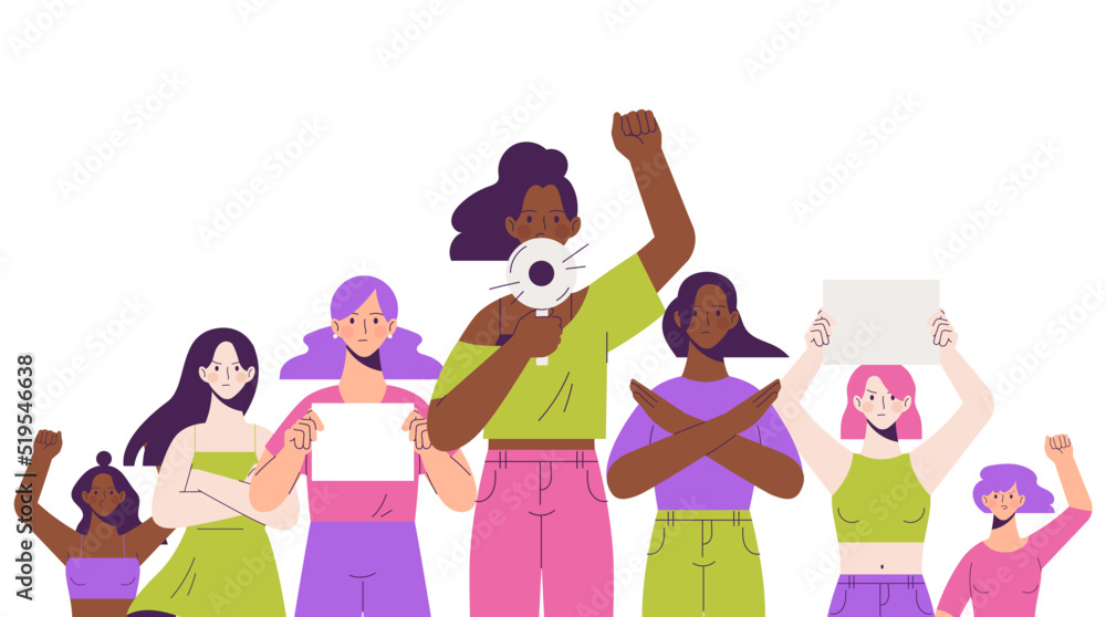 Protest for women's rights concept. Group of girls in line raising ...
