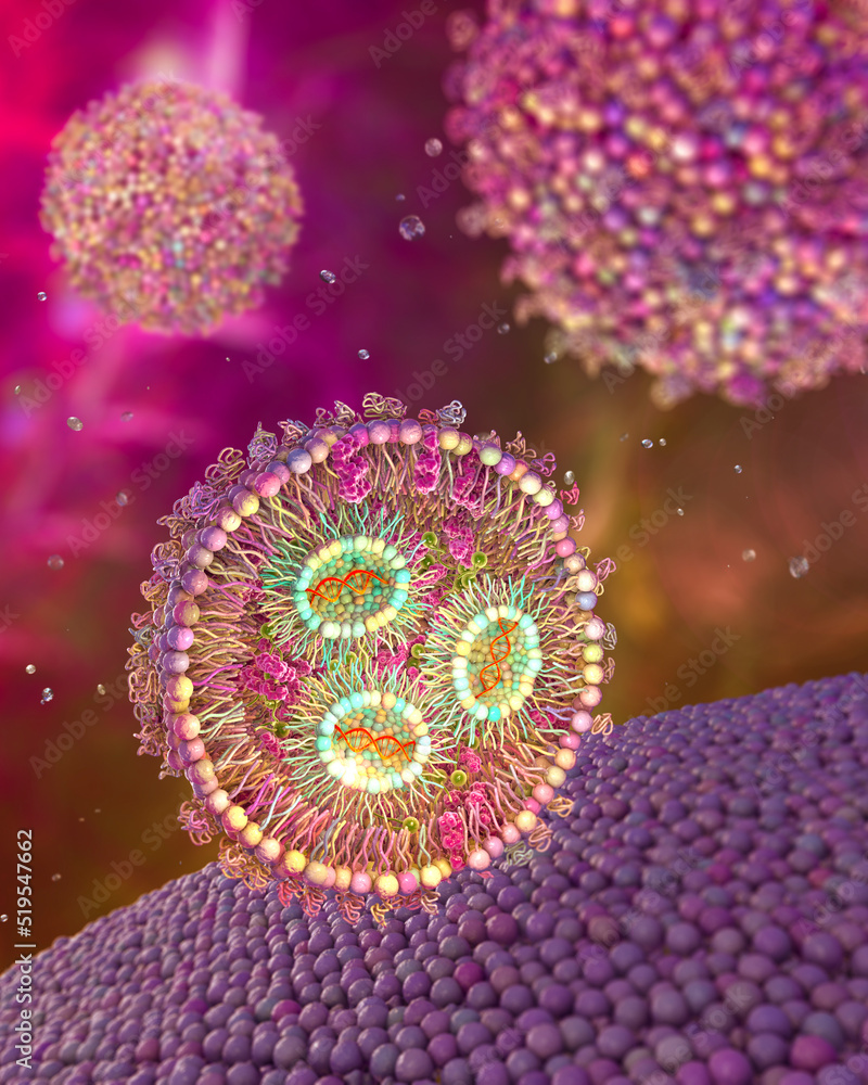 Lipid nanoparticle siRNA antiviral delivery system, 3D illustration ...