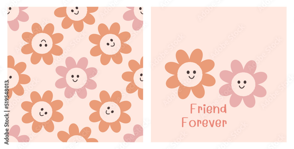 Seamless pattern with retro daisy flower on orange background vector ...