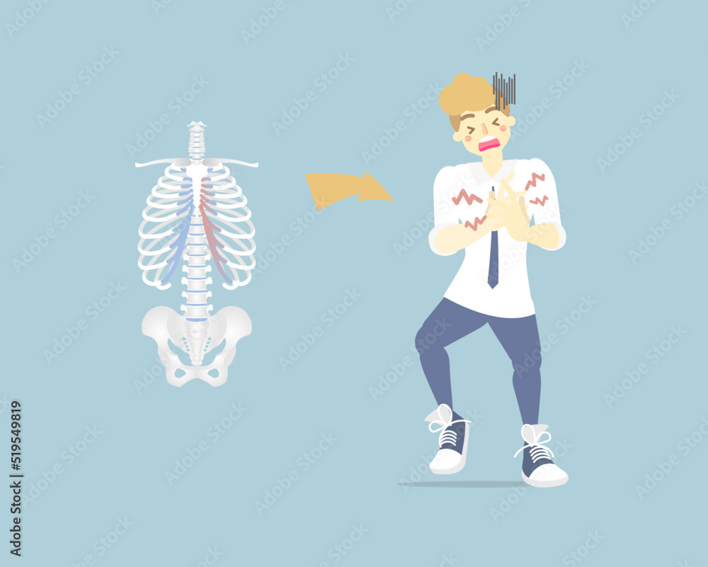 man having chest pain in the upper and middle rib cage, cartilage ...