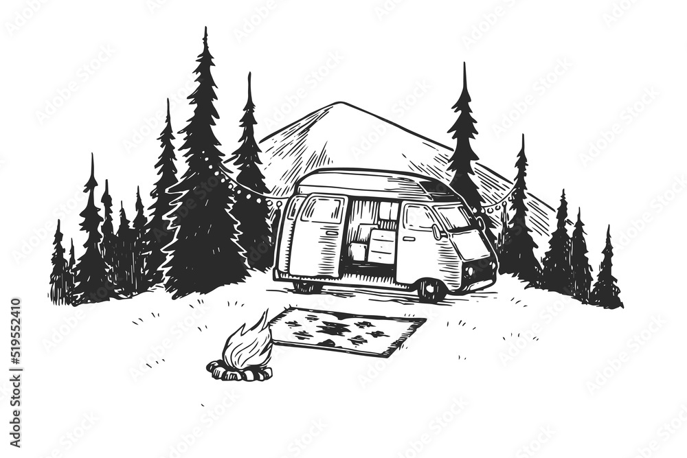 Vector hand draw illustration of landscape with mountains, forest ...