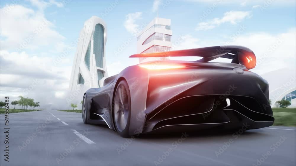 Futuristic sport car very fast driving on highway. Futuristic city ...