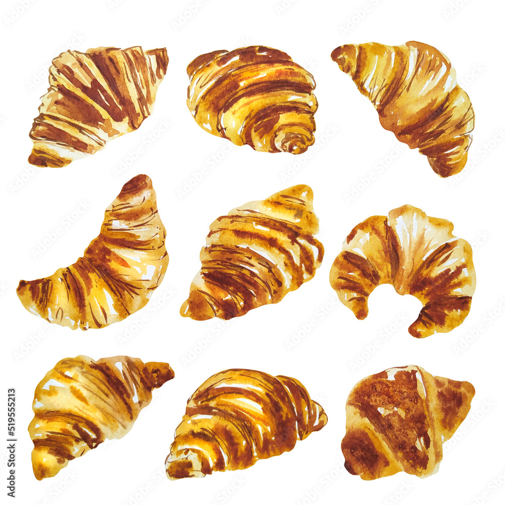 Watercolor bakery clipart set of croissants. For cafe menu, for barista ...
