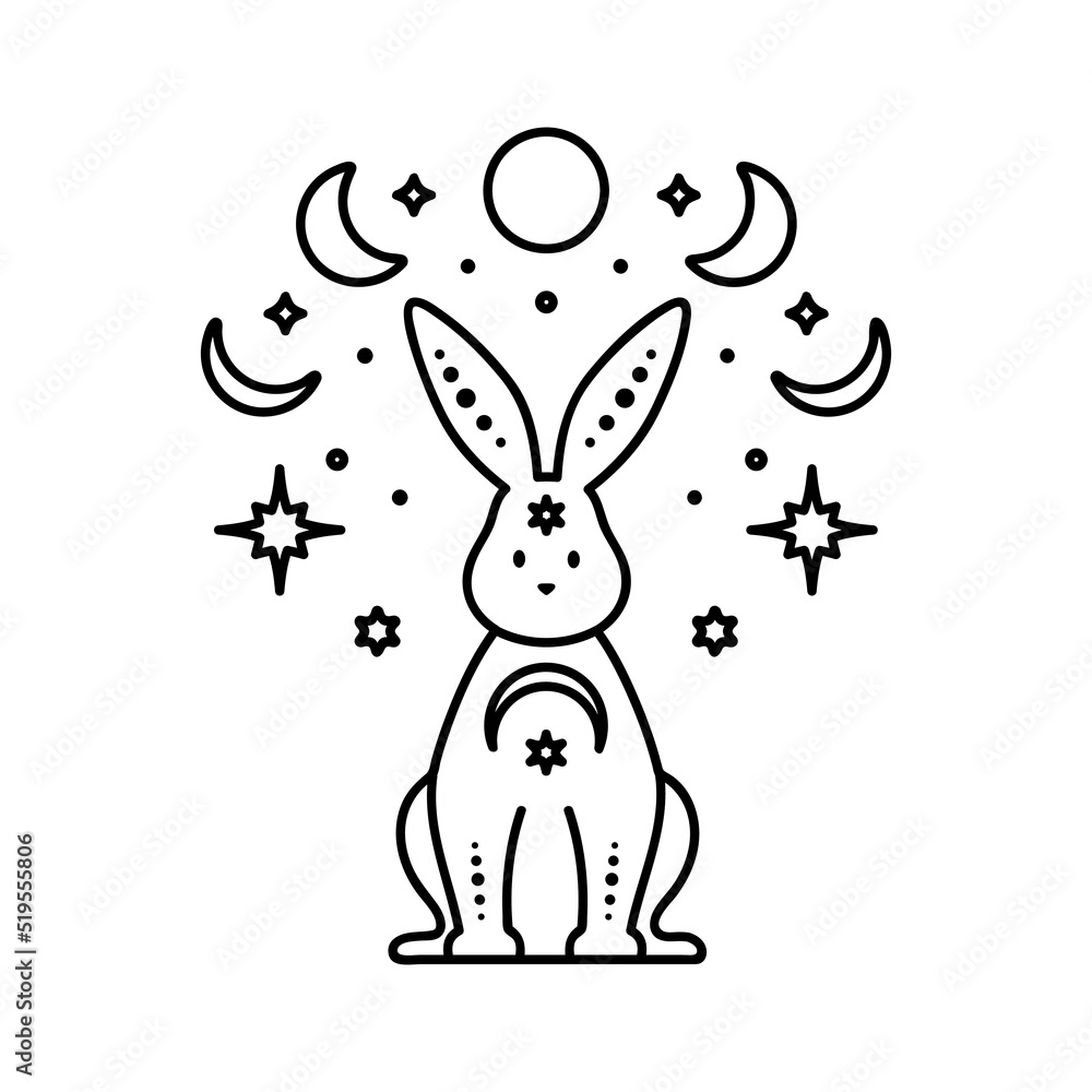 Celestial animal sitting rabbit with moons and stars. Magic bunny ...