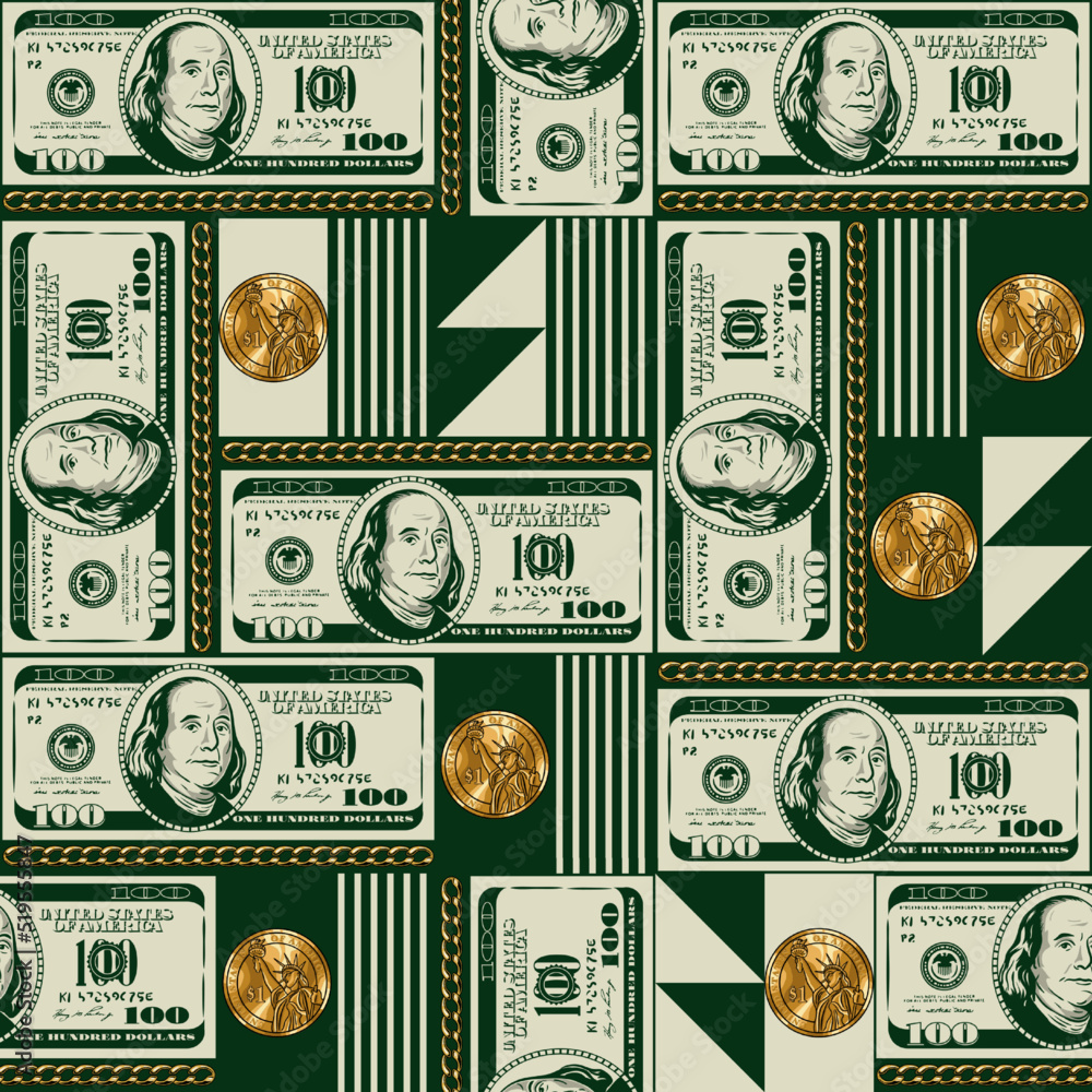 Geometric pattern with 100 dollar bills, gold one dollar coins, simple ...