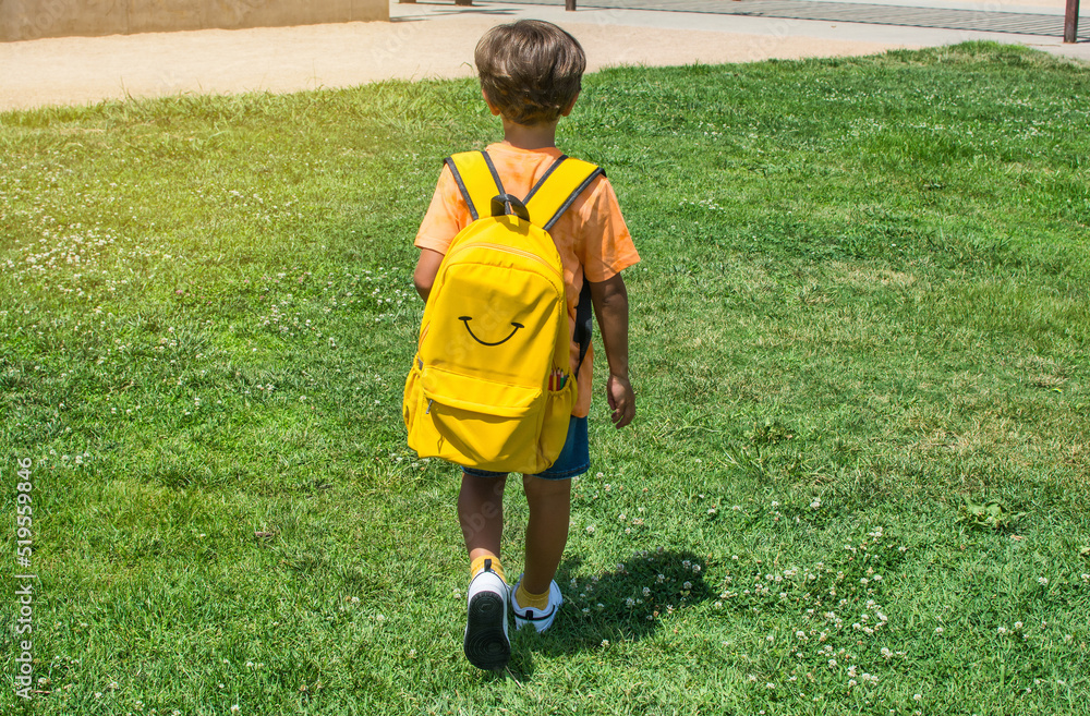 Rear view of a 7s boy with a backpack walking towards a school. A ...