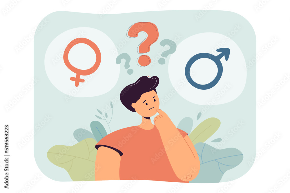 Pensive man with male and female symbols in thought bubbles. Guy ...