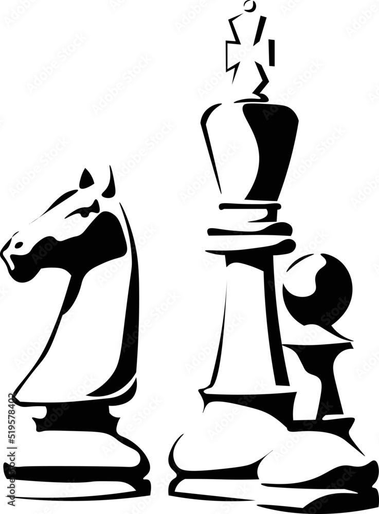 Black and White Cartoon Illustration Vector of Chess Pieces King Knight ...