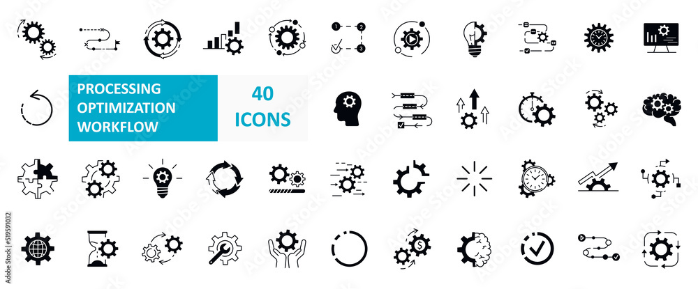 Set of Processing Optimization Workflow Related Vector Line and filled ...