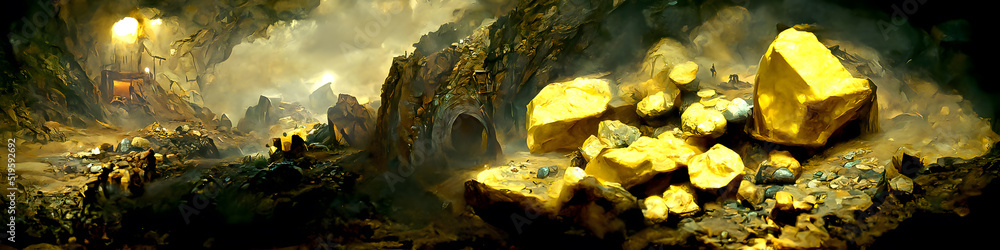 Artistic painting concept of gold mine and small gold nuggets lie ...