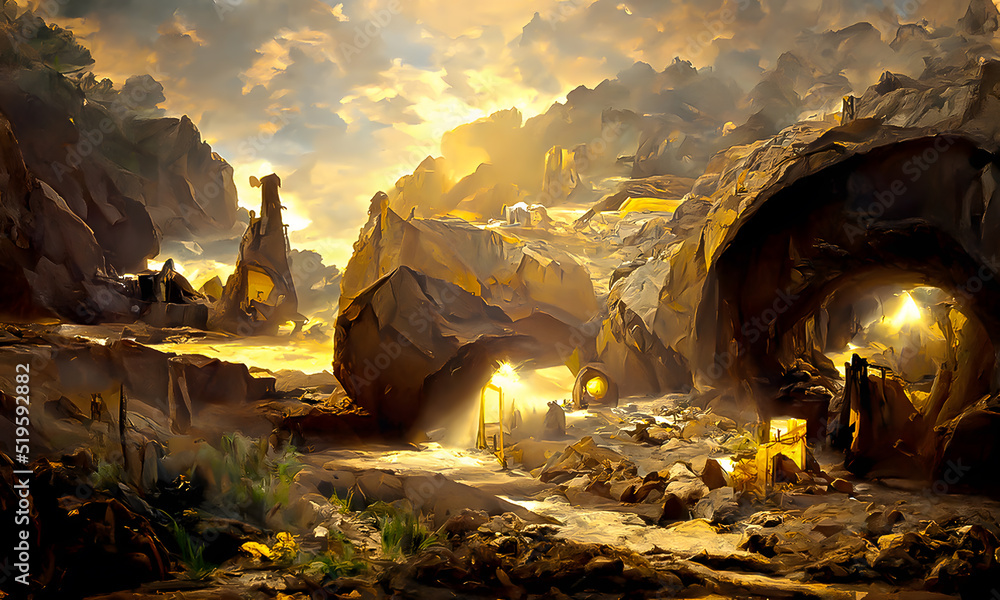 Ilustrace „Artistic painting concept of gold mine and small gold ...