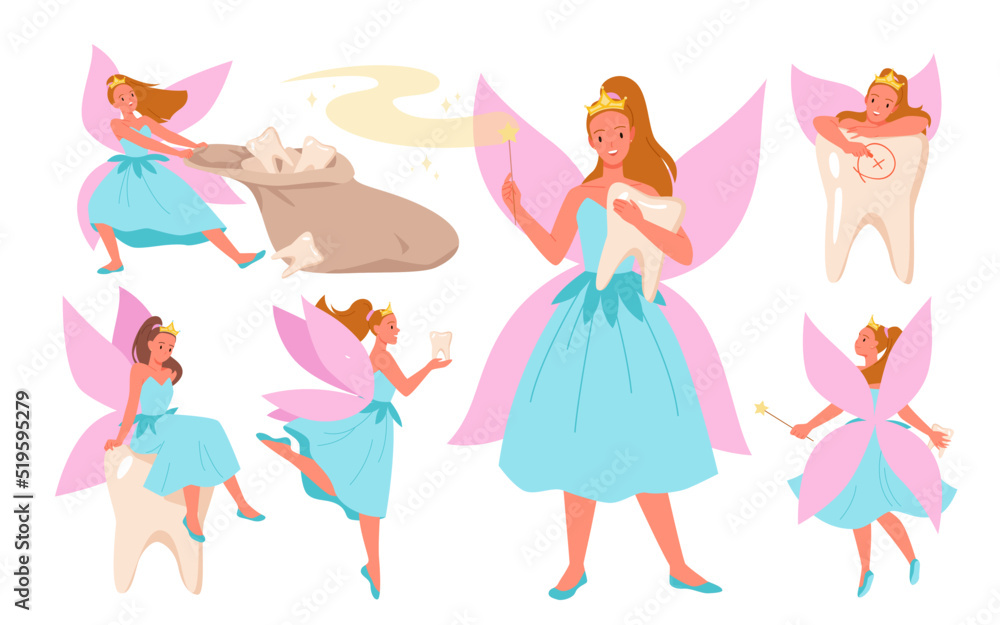 Tooth fairy set vector illustration. Cartoon isolated pretty godmother ...