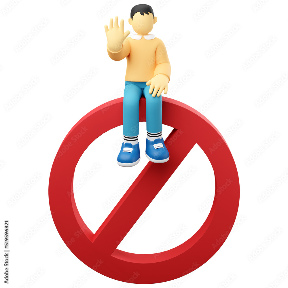 3D illustration man sitting and showing stop gesture with red ...