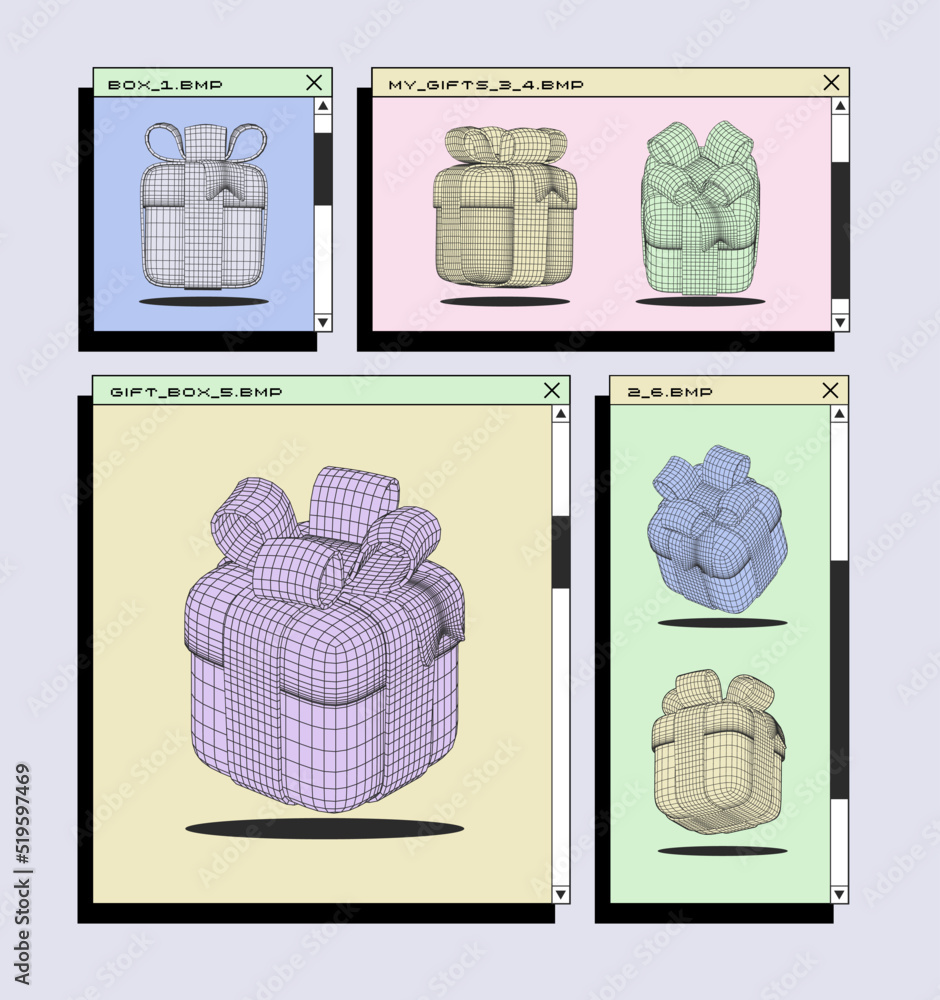 Set of 3d wireframe gift boxes on retro windows screen vector isolated ...