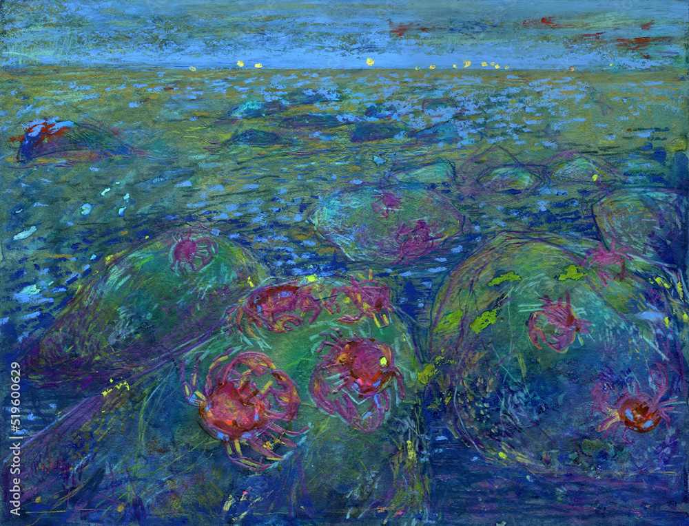 Light of fishing boats in the night sea. Crabs in the sea. Sea at night ...