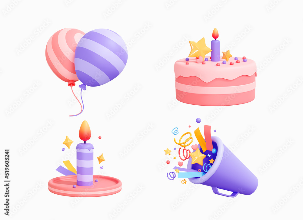 3D Birthday icon set. Party surprise decoration. Balloons, festive cake ...