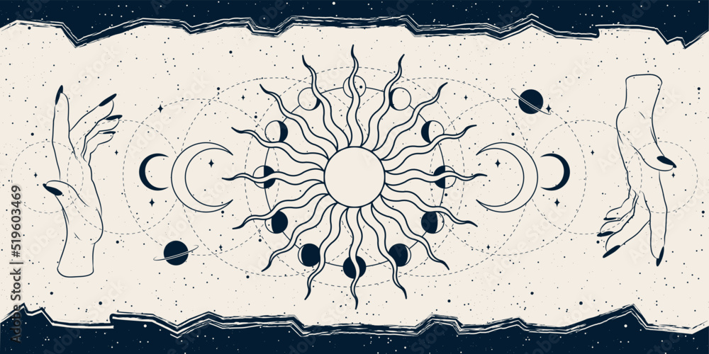 Mysterious banner with magic celestial symbols - moon, sun, stars ...