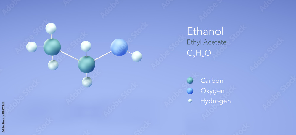 ethanol, ethyl acetate, alcohol. Molecular structure 3d rendering ...