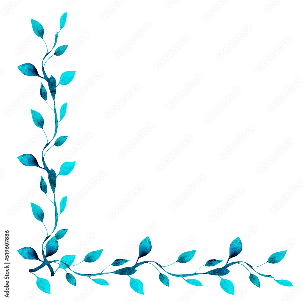 Watercolor blue floral border frame from leaves on branch Stock ...