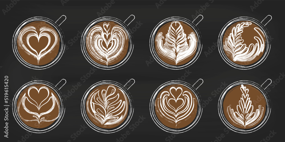 Collection of latte art. Cups of coffee set on black chalkboard. Vector ...