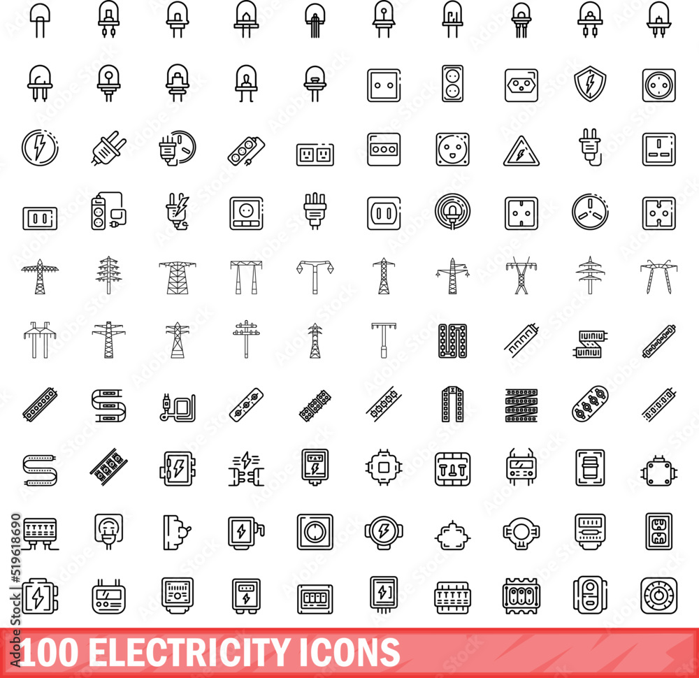 100 electricity icons set. Outline illustration of 100 electricity ...