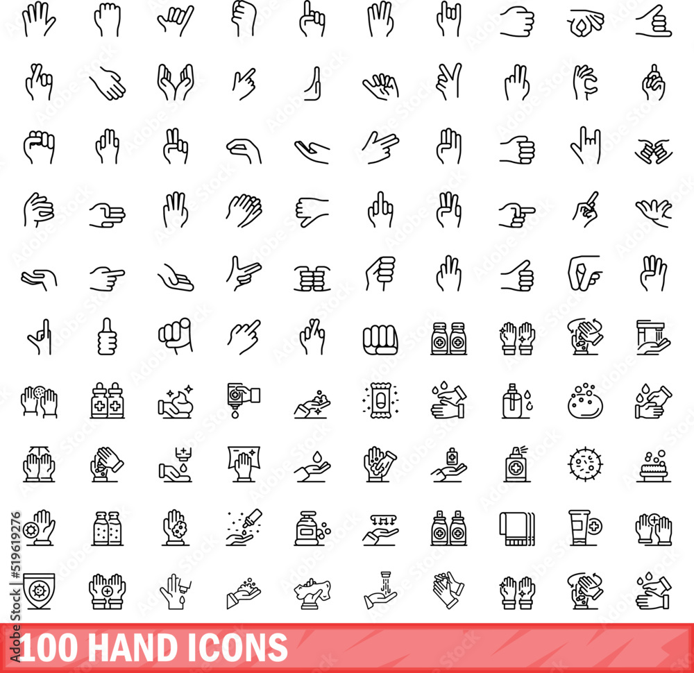 100 hand icons set. Outline illustration of 100 hand icons vector set ...