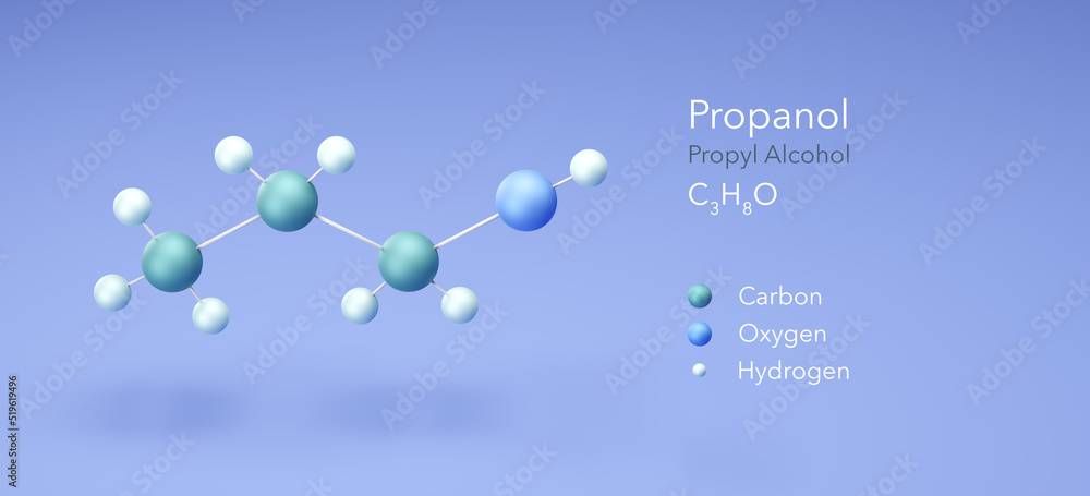 propanol, propyl alcohol. Molecular structure 3d rendering, Structural ...