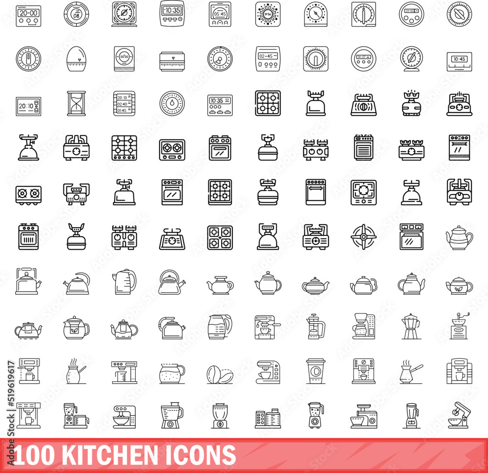 100 kitchen icons set. Outline illustration of 100 kitchen icons vector ...
