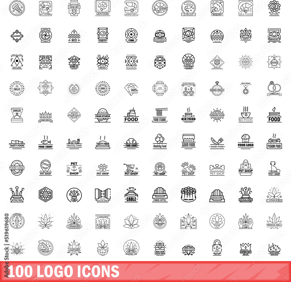 100 logo icons set. Outline illustration of 100 logo icons vector set ...