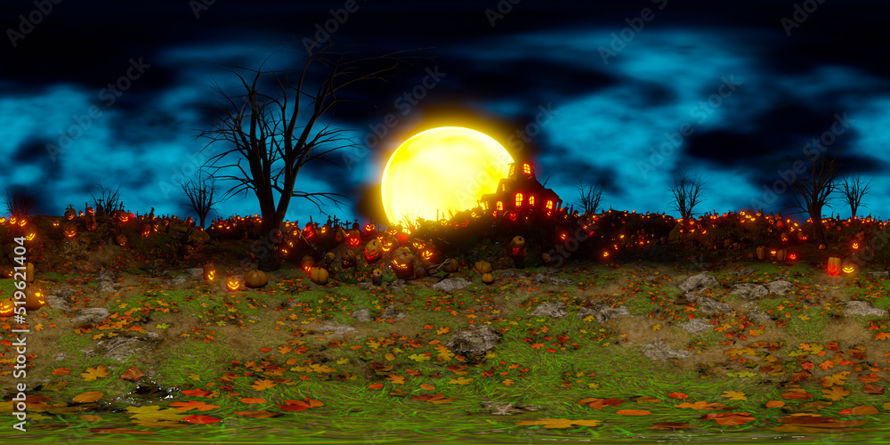Full moon in the sky on Halloween night, cemetery with jack-o lanterns ...
