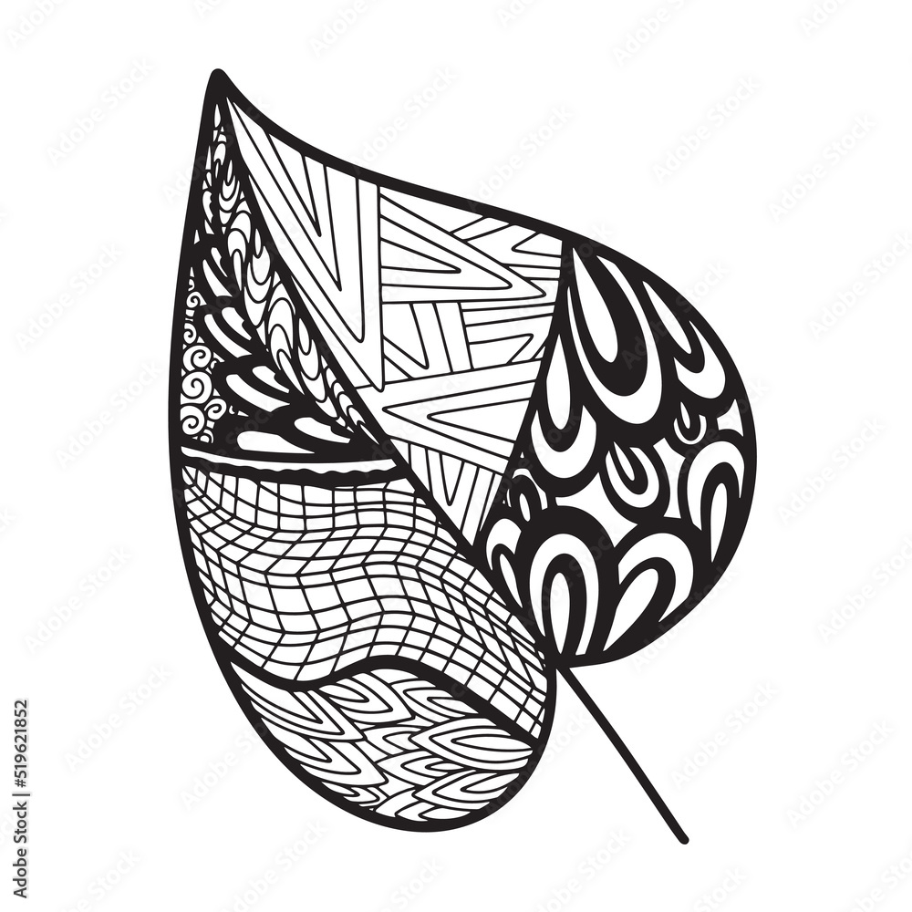 Vector zen tangle and doodle leaf. Nature coloring book. Black and ...