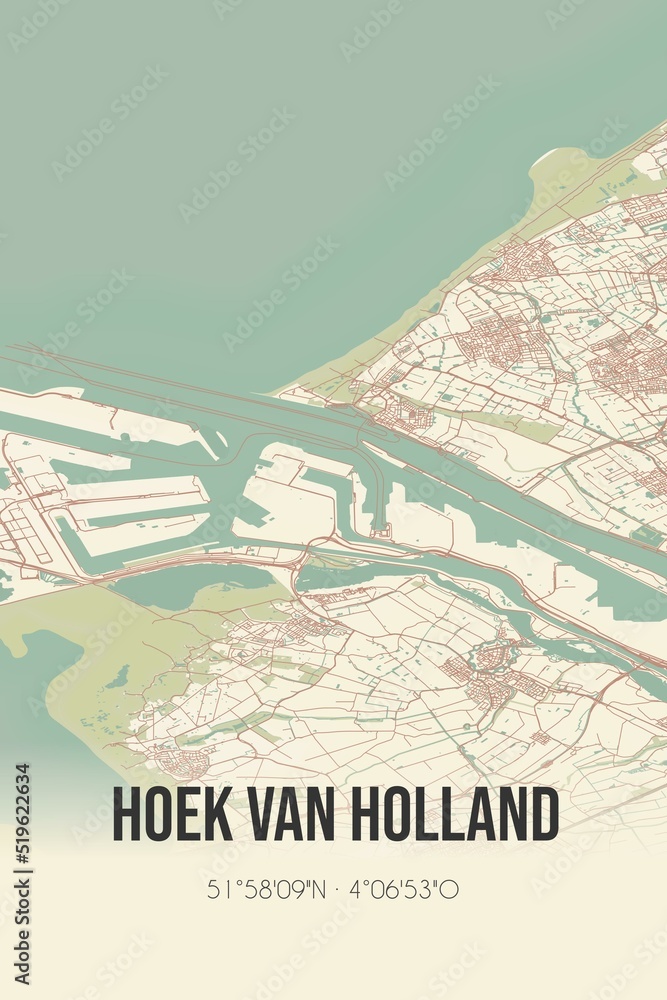 Hoek van Holland, Zuid-Holland, Randstad region vintage street map ...
