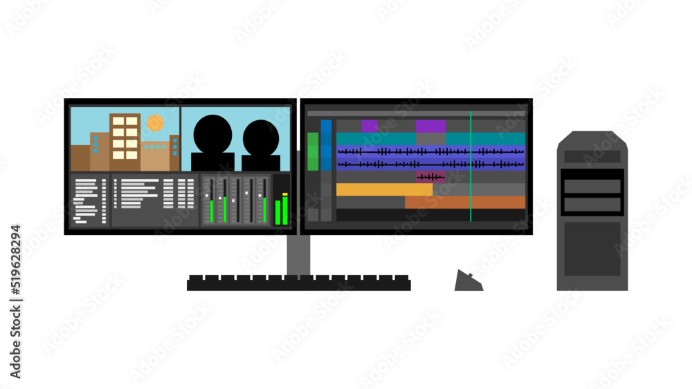 Video editing studio with two screens on dual-monitor arm. Powerful ...