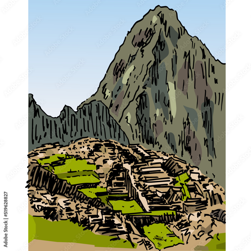 Machu Picchu. Ancient Inca citadel in Andean mountains in Peru. Hand ...