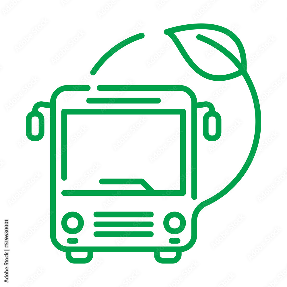 Electric bus in a circle with a leaf icon. Thin line Green energy zero ...