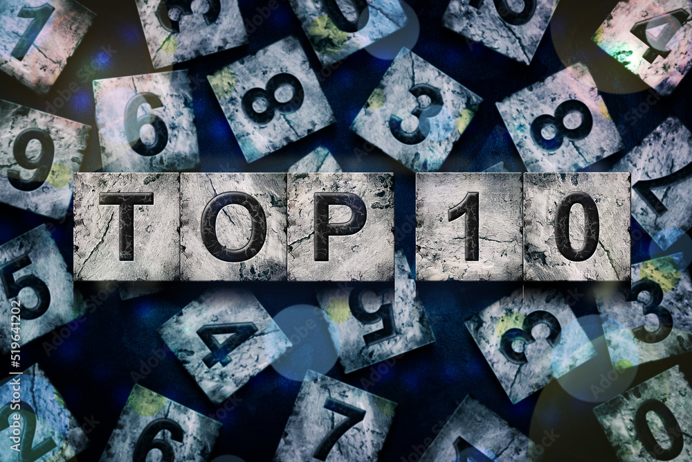 Top 10, words, above different numbers, on a dark blue background ...