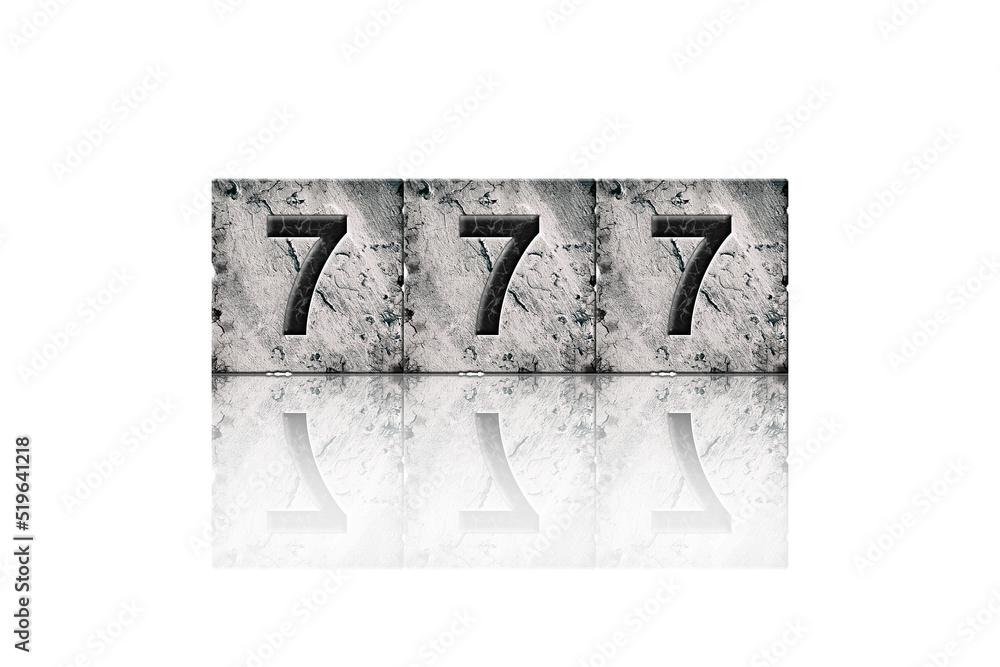 777. Three sevens, digits on stone blocks. Reflection. Isolated on ...