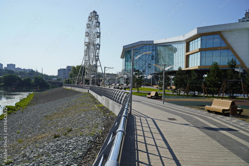 The Beautiful embankment of the Sviyaga River near the shopping center ...