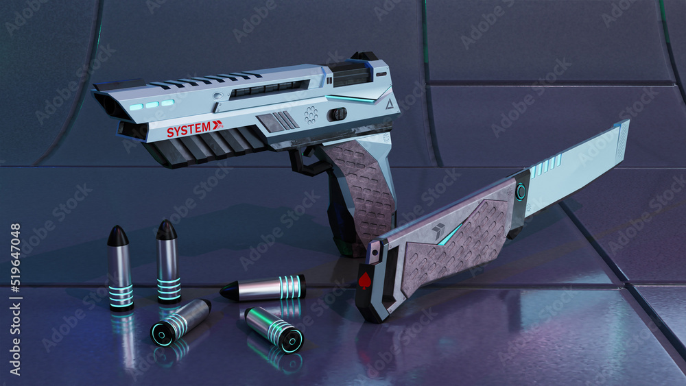 3D illustration of sci fi gun and knife with bullets, blue illuminating ...
