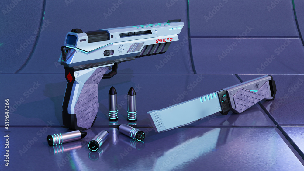 3D illustration of sci fi gun and knife with bullets, blue illuminating lights, red details ...
