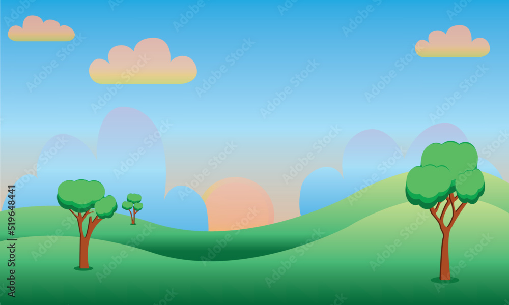 Cartoon landscape, green field, landscape view, game background, summer ...