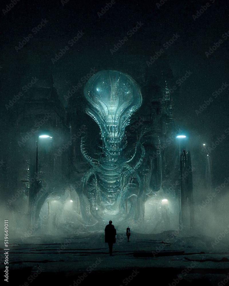 The illustration of person walking towards bright xenomorph space ship ...