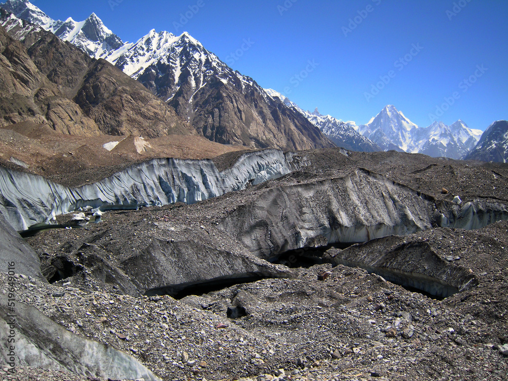 Baltoro glacier with some of its neighboring peaks in Pakistan's ...
