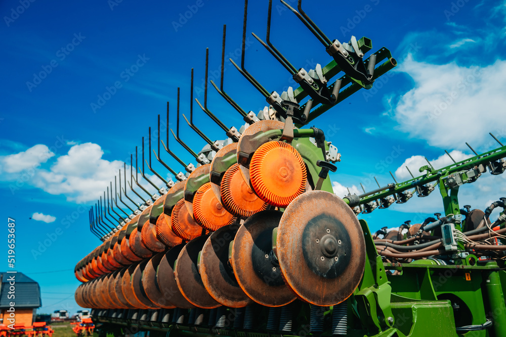 Row seed drill grain. Seed sowing device. Agricultural activity. Close ...