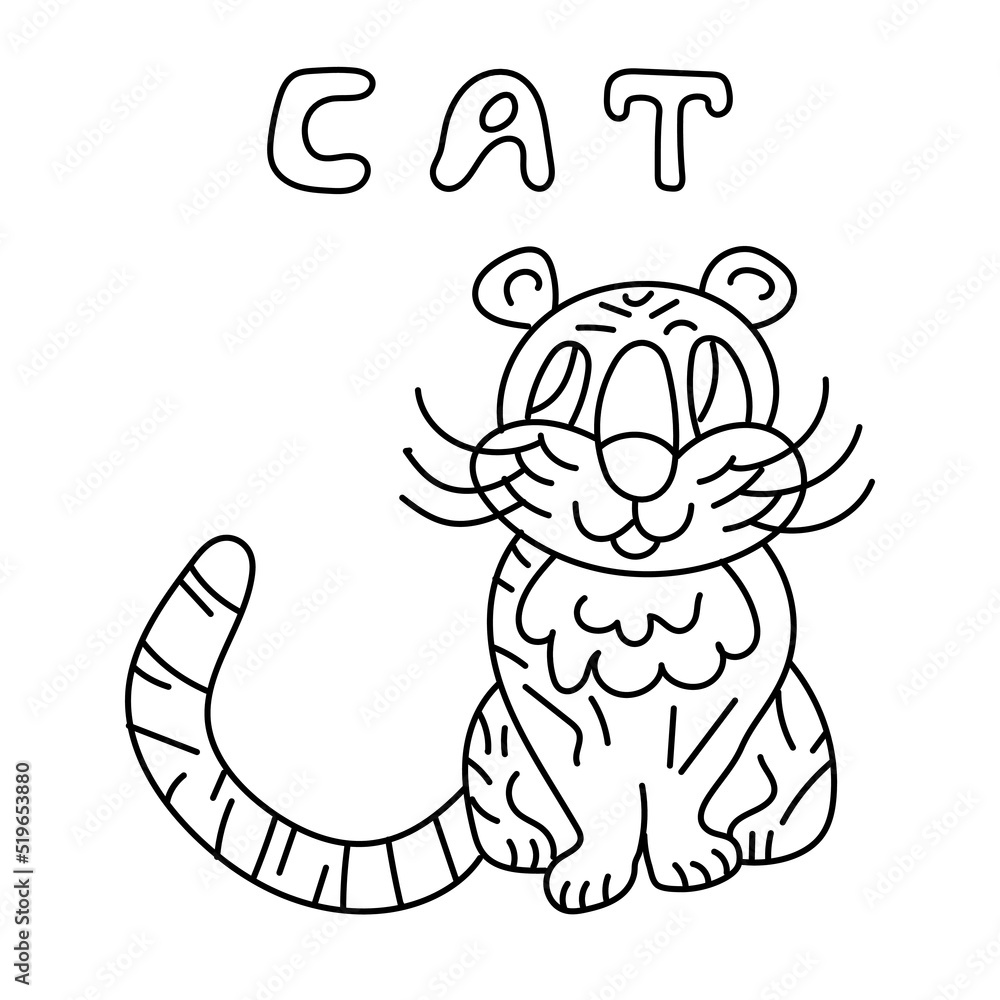 cat, a simple coloring book for kids, hand-drawn. For teaching and ...