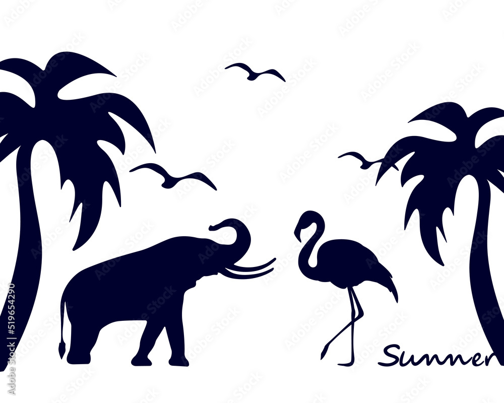 Vector illustration of animals elephant, flamingo, birds and palm trees ...